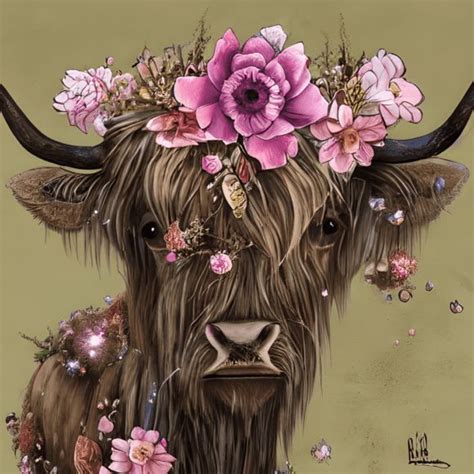 A Painting Of A Cow With Flowers On Its Head