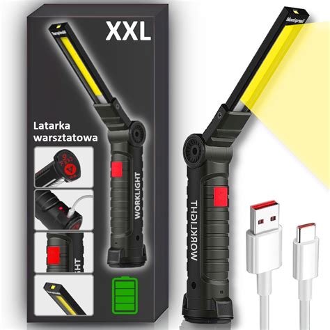 Mocna Lampa Latarka Warsztatowa Led Cob Hak Magnes Akumulatorowa Usb