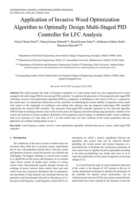 pdf application of invasive weed optimization algorithm to optimally design multi staged pid