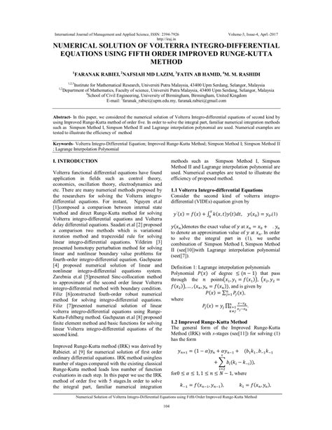 pdf numerical solution of volterra integro differential equations using fifth order improved