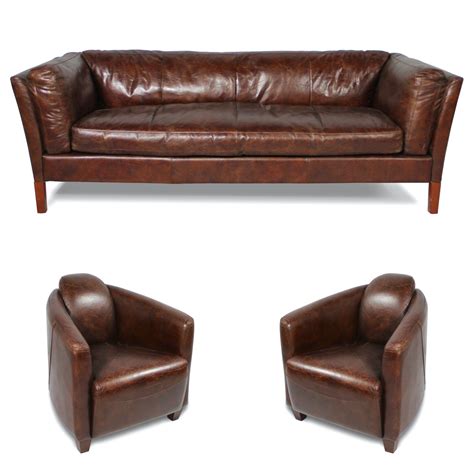 Ensemble canapé 3 places et 2 fauteuils cuir marron style club anglais