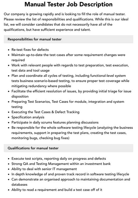 Manual Tester Job Description Velvet Jobs