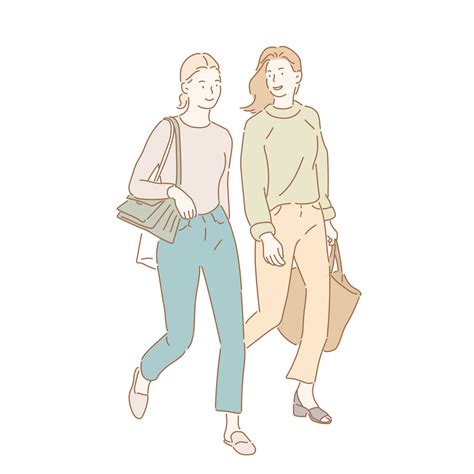 Two Women Are Walking And Talking Hand Drawn Style Vector Design