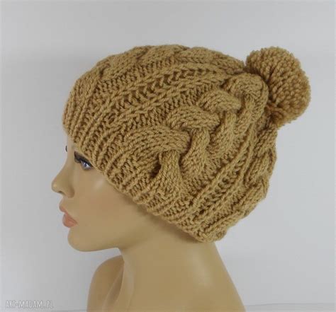 czapki handmade beżowa z warkoczami ღ art Madam pl