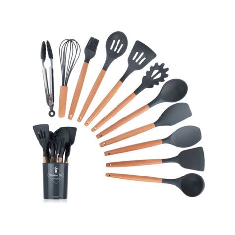 Kit c 12 Utensílios de Cozinha Silicone Cabo de Madeira Livre de