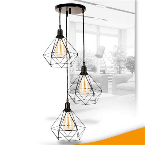 Pendente Diamante Aramado Triplo Preto Regulável DECORARE Lustre