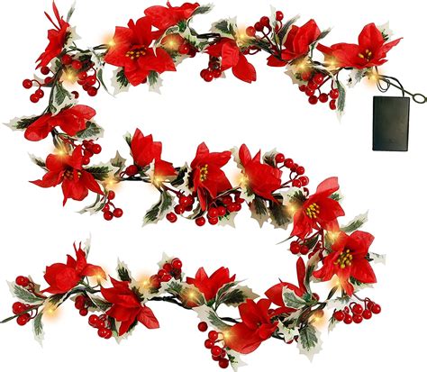 Ft Christmas Garland Lighted Decorations Artificial Flowers Red
