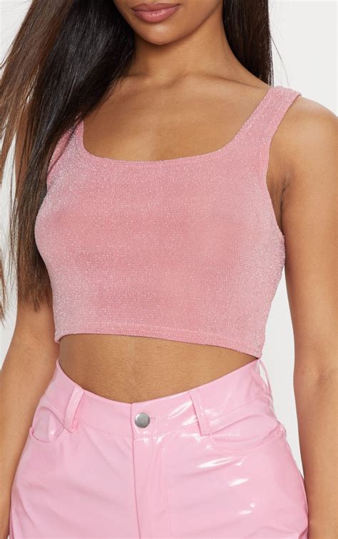 Light Pink Textured Glitter Crop Top Tops Prettylittlething Usa