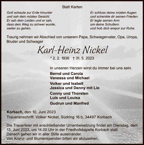 Traueranzeigen Von Karl Heinz Nickel Trauer Wlz Online De