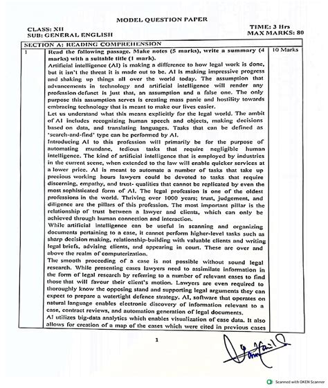 JKBOSE 12th English General Model Paper 2024 PDF