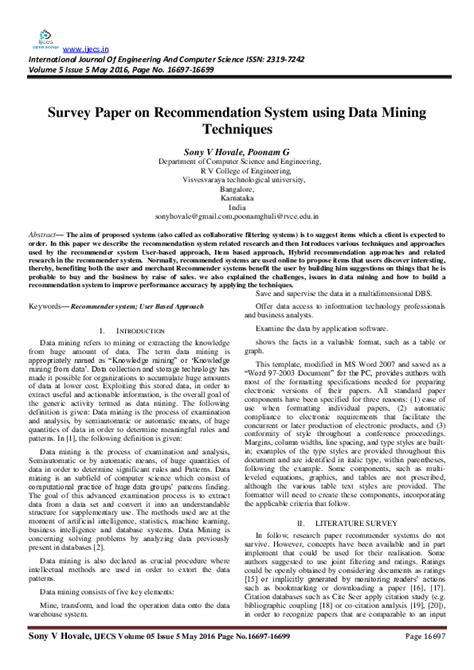 pdf survey paper on recommendation system using data mining techniques international journal