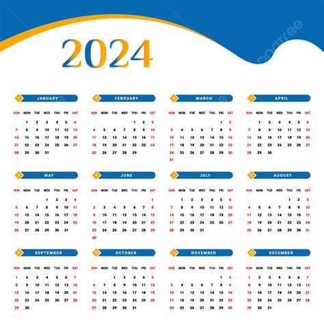 Calendario 2024 Con Diseño único Azul Y Amarillo Vector PNG dibujos