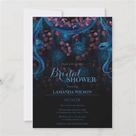 Dark Blue Floral Black Gothic Bridal Shower Invitation Zazzle In