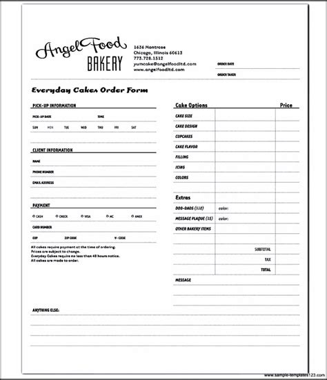 Printable Bakery Order Form Template