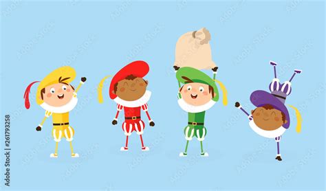 Four Zwarte Piet Sinterklaas Helpers Vector Illustration Isolated On