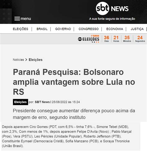 Sbt News cita pesquisa realizada pela Paraná Pesquisas Paraná Pesquisas