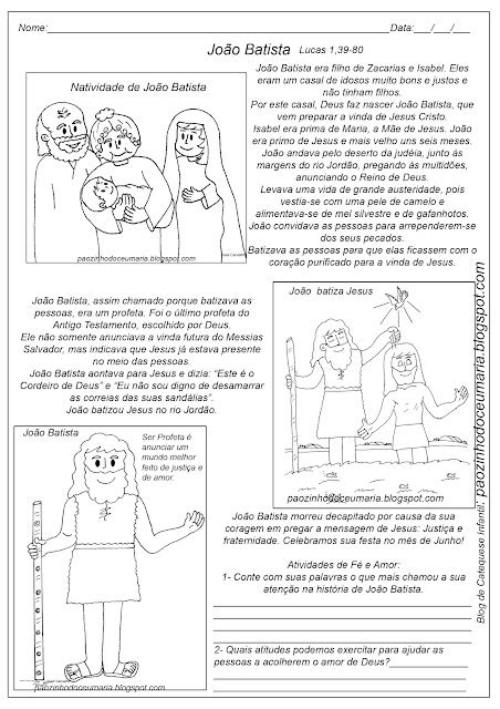 Pãozinho do Céu João Batista Mensageiro de Deus Atividades para