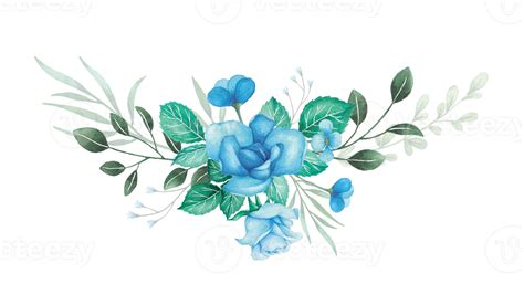 ramo de flores de acuarela con rosas azules y hojas verdes ilustración
