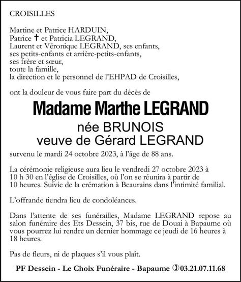 Madame Marthe LEGRAND née BRUNOIS Pompes Funèbres Dessein