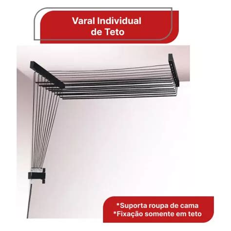 Varal De Teto Individual 10 Varetas Alumínio Preto 160 Cm Frete grátis