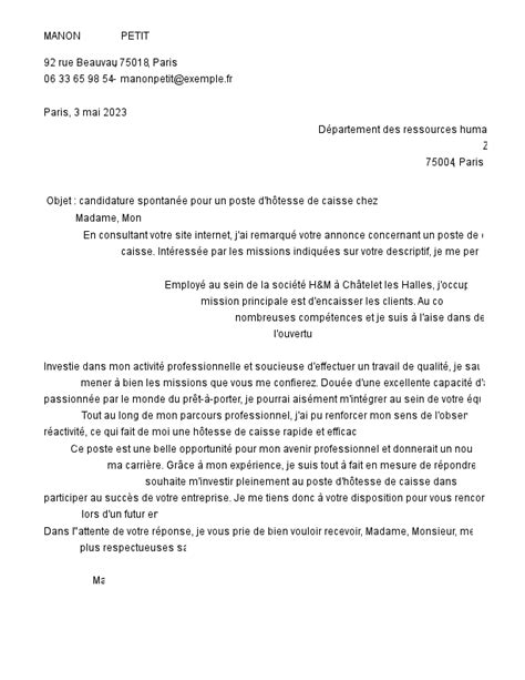 Lettre de motivation hôtesse de caisse exemples monCVParfait