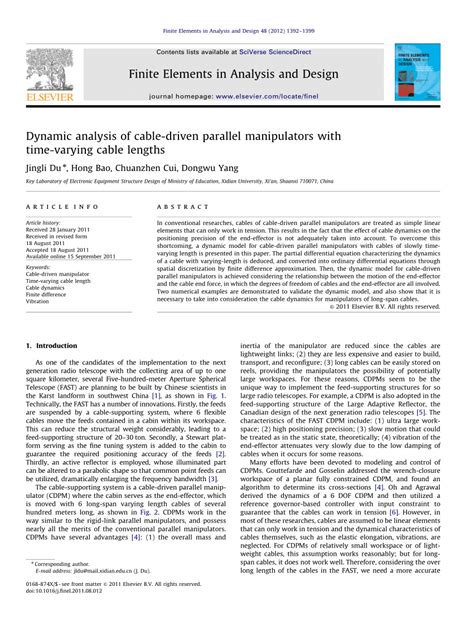 pdf dynamic analysis of cable driven parallel manipulators using a variable length finite element