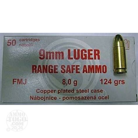 9mm Luger 9x19 Ammo 50 Rounds Of 124 Grain Full Metal Jacket FMJ