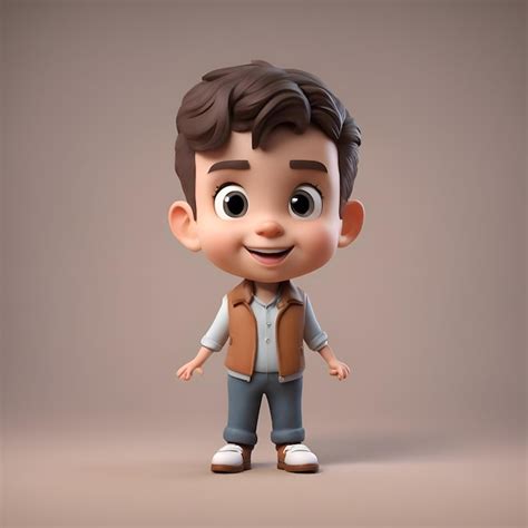 Ilustração 3d de um menino de desenho animado bonito de pé a mão no