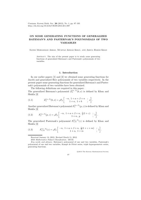 pdf on some generating functions of generalized bateman s and pasternak s polynomials of two