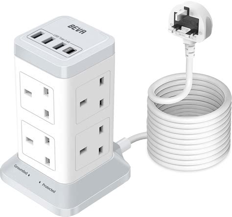 Tower Extension Lead 5M With USB C Slots BEVA 8 Way Plug Extension