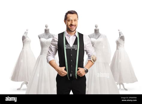 Wedding Dress Designer Posing With Gowns On Doll Mannequins Isolated On