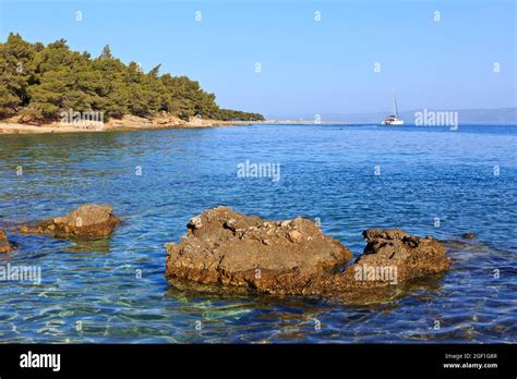 A Yacht Moored At Zlatni Rat Beach Often Referred To As The Golden