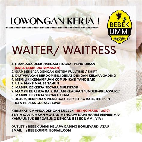 Lowongan Kerja Waiter Dan Waitress Bebek Ummi Atmago