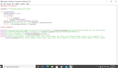 python code for pangrams conversion of text to lower case converting sets to lists and sorting