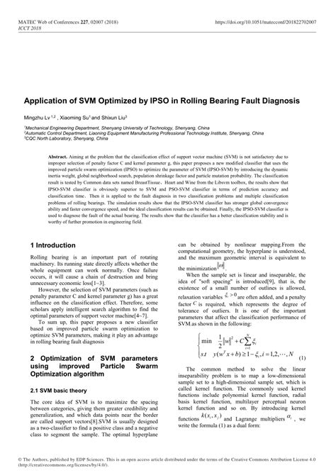 pdf application of svm optimized by ipso in rolling bearing fault diagnosis