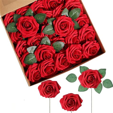 25pcs Rosas Artificiales De Espuma Rosa Con Tallos Ajustable Para DIY