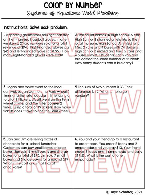 Solving Systems Of Equations Word Problems Coloring Activity Made By