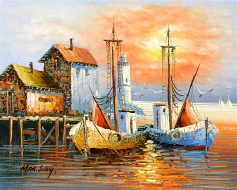 Paintings Of Boats In Harbor Old Spanish Harbor Boats Oil