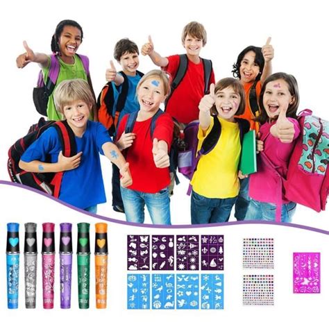 6 Stylo Tatouage Temporaire Enfant Kit Tatouage Paillettes Avec 8