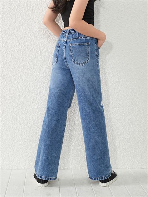 Girls Butterfly Print Ripped Straight Leg Jeans SHEIN USA