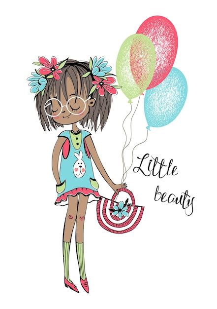 Linda garota de pele escura balões um pouco de ilustração vetorial