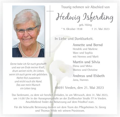 Traueranzeigen Von Hedwig Isferding Sich Erinnern De