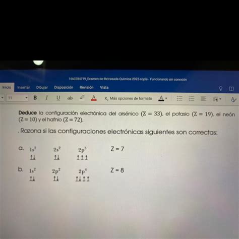 Deduce la configuración electrónica del arsénico Z 33 el potasio