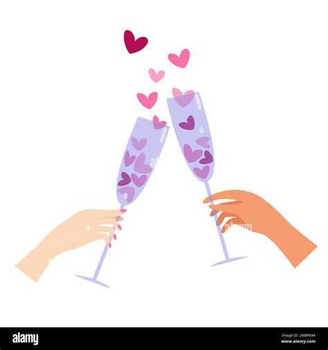 Vector Illustration Of Champagne Glasses With Hearts Lovers Celebrate