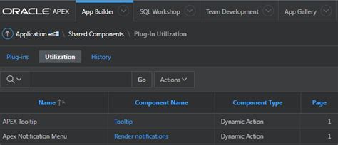 query against oracle application express apex views to list all components where plugins are
