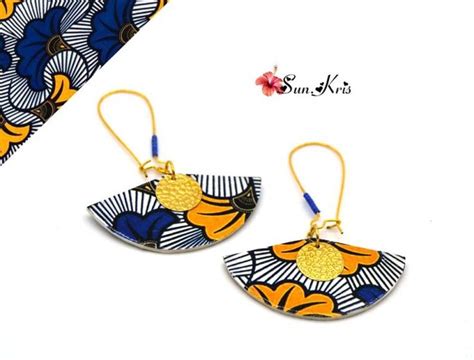 Boucles d oreilles dormeuses éventail imprimé tissu wax fleur jaune