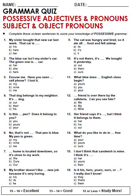 Possessive Pronouns Exercises Pdf With Answers Exercise Poster