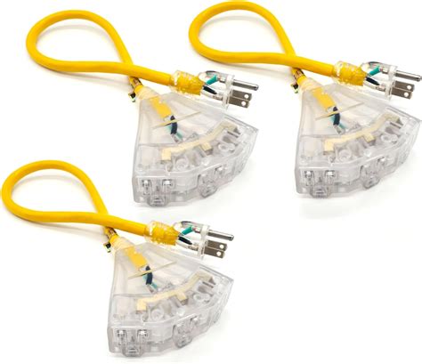 3 Pack 2 Ft 12 Gauge Heavy Duty Extension Cord 3 Outlet Lighted
