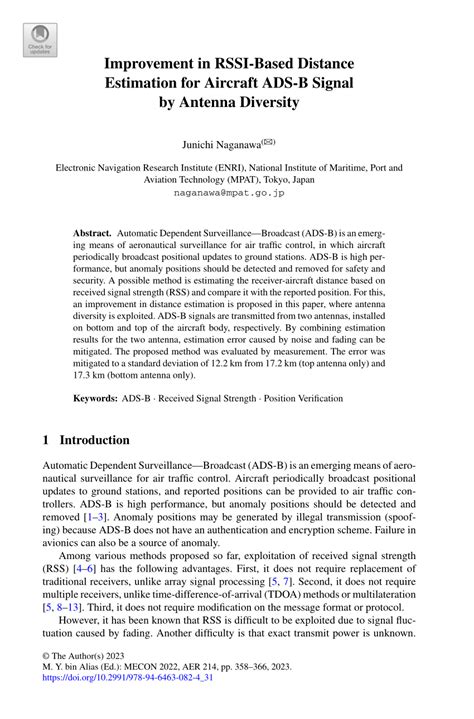 pdf improvement in rssi based distance estimation for aircraft ads b signal by antenna diversity