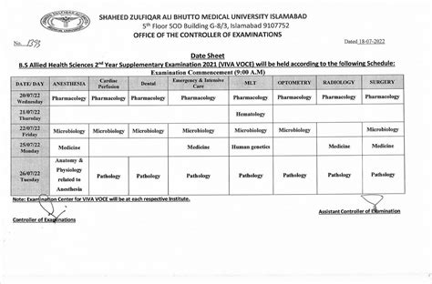 Date Sheet BS AHS 2nd Year Supplementary Examination 2021 VIVA VOCE